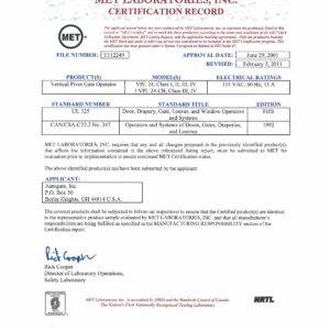 Our Certificates – UL 325 – AutoGate Entry Gate Systems